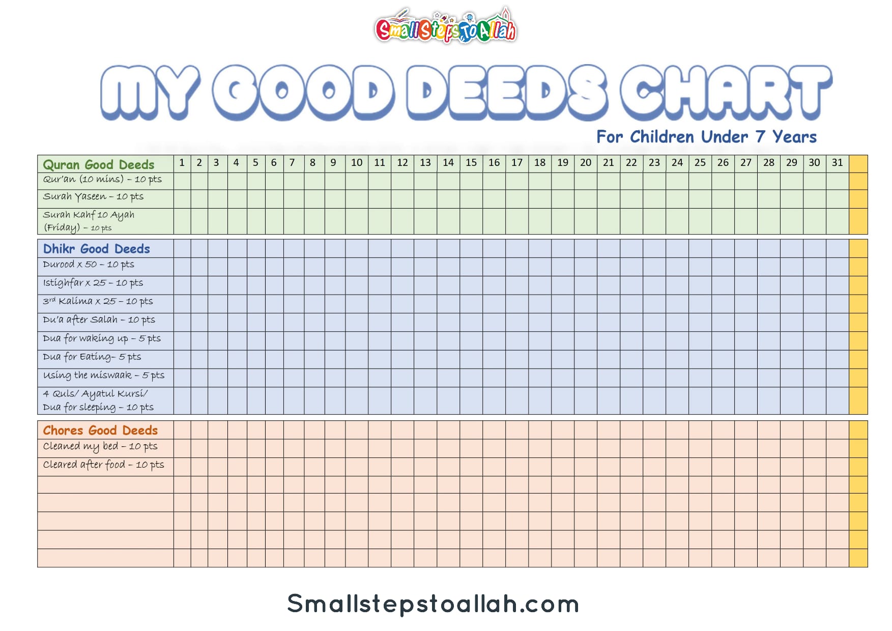My Good Deeds Chart – Small Steps to Allah